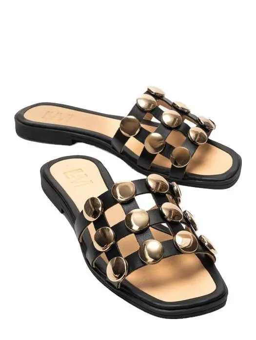 FOREVER & ALWAYS SHOES Bareon Leather Sandal With Tone Embellishments - Black