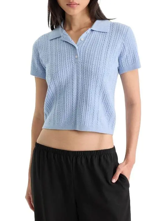 Good American Micro Cable Merino Wool Cropped Polo - Sky