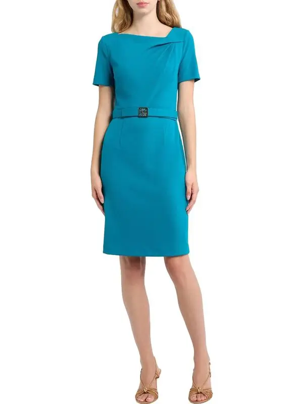 Anne Klein Asymmetric Neck Sheath Dress - Teal