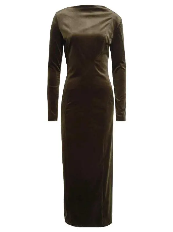 JIL SANDER Stretch Velvet High Neck Ankle Dress - Utility