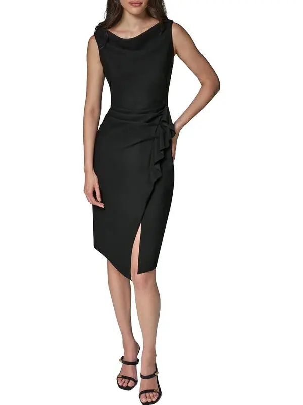 Donna Karan New York Sleeveless Cowl Neck Ruffled Midi Dress - Black