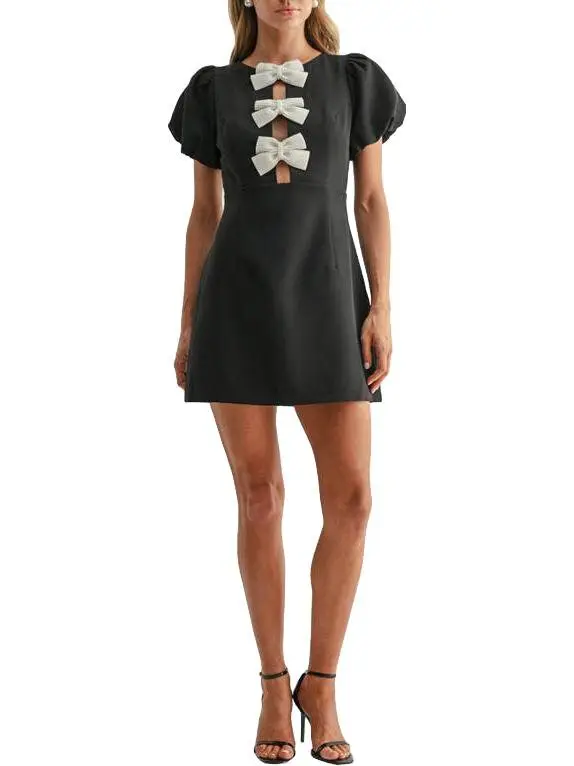 ALL IN FAVOR Puff Sleeve Bow Appliqué Minidress - Black