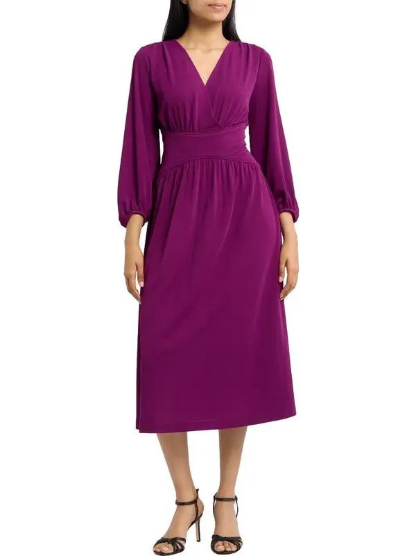 Anne Klein Blouson Long Sleeve Fit & Flare Midi Dress - Beet