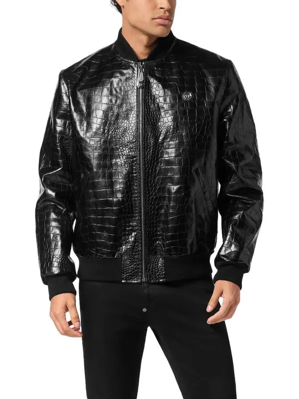 Philipp Plein Croco-print Leather Bomber Jacket - Black