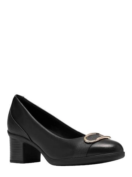 Clarks Shaya Lux Leather Block Heel Pumps - Black