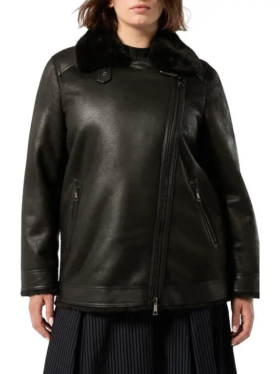 Marina Rinaldi Faux Fur Trim Faux Leather Moto Jacket - Black
