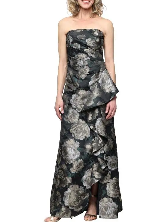 Alex Evenings Strapless Metallic Floral Jacquard Gown - Blk Multi