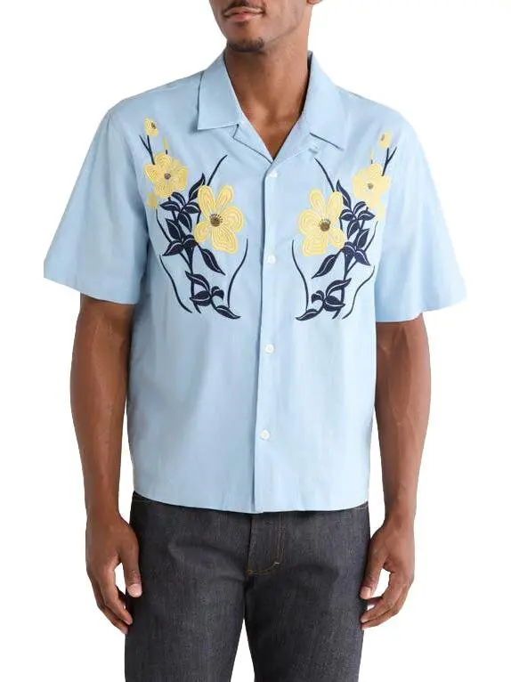 PACSUN Jasmine Floral Embroidered Cotton & Linen Camp Shirt - Blue