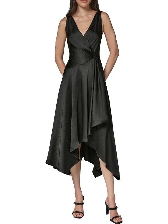Donna Karan New York Hammered Satin V-neck Handkerchief Hem Dress - Black