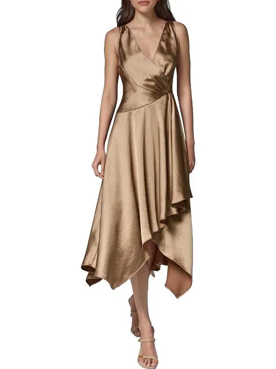 Donna Karan New York Hammered Satin V-neck Handkerchief Hem Dress - Camel
