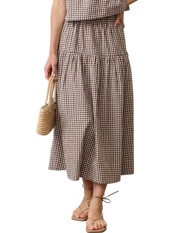 Marine Layer Gia Gingham Pima Cotton Poplin Skirt - Chocolate Gingham