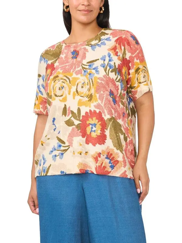 Vince Camuto Floral Print Short Sleeve Crewneck Sweater - Birch