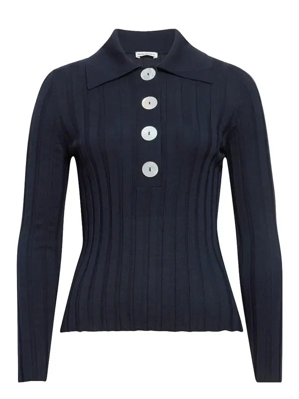 NACKIYE Sugarman Long Sleeve Virgin Wool Rib Polo - Navy
