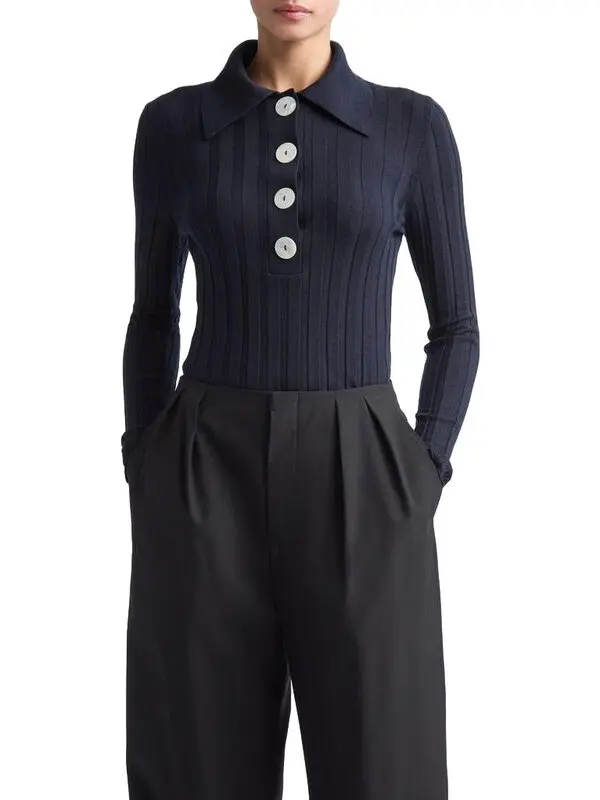 NACKIYE Sugarman Long Sleeve Virgin Wool Rib Polo - Navy