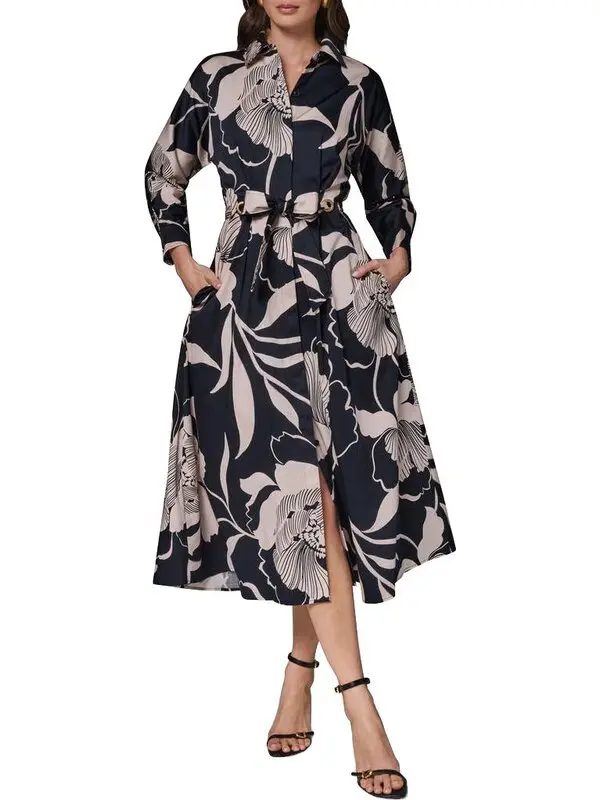 Donna Karan New York Floral Long Sleeve Fit & Flare Shirtdress - Black/oat Multi