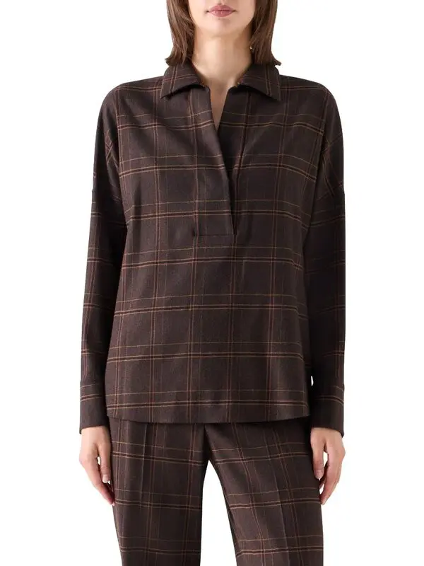 Akris Plaid Wool Blend Flannel Top - Espresso-caramel