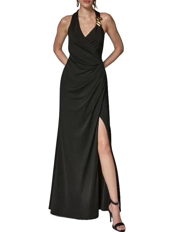 Donna Karan New York Sleeveless Jersey Gown With Hardware Detail And Slit - Black