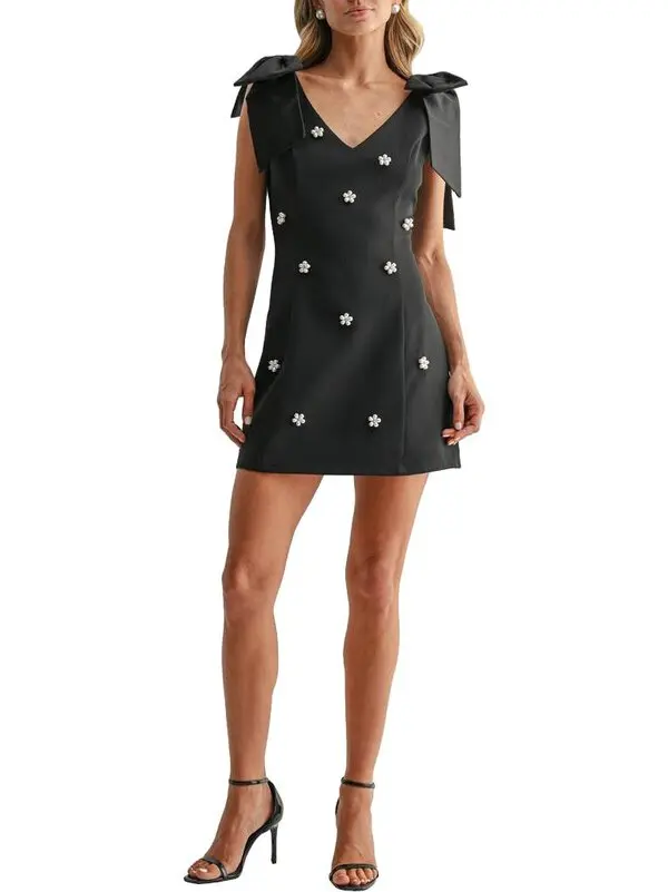 ALL IN FAVOR Embellished Bow Shoulder Mini Dress - Black