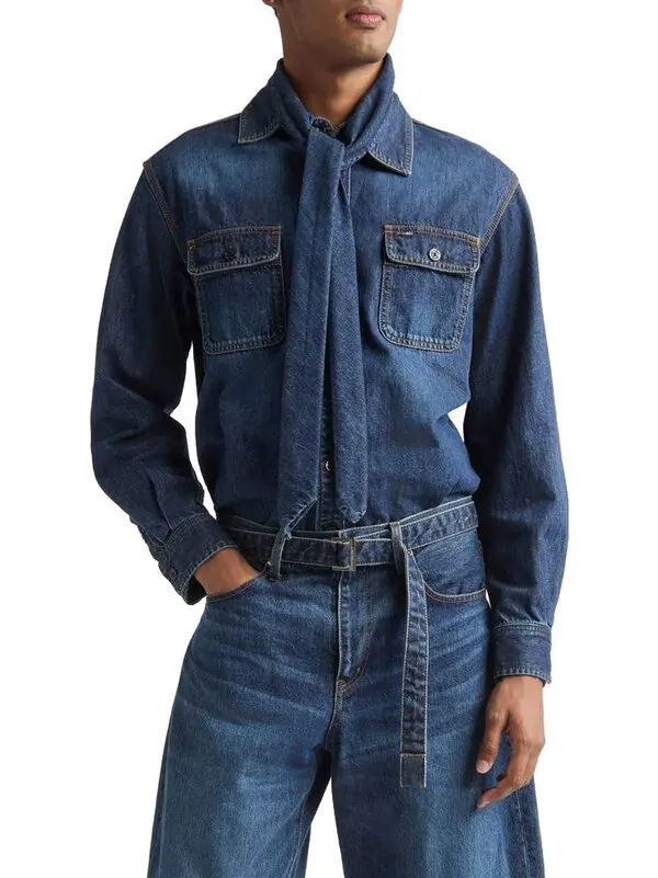 Sacai Tie Neck Denim Button-up Shirt - Blue