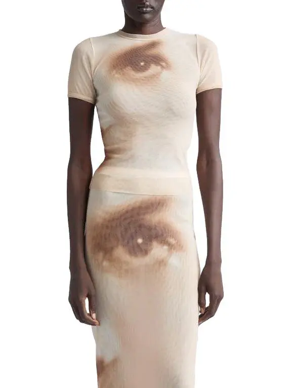 JEAN PAUL GAULTIER Printed Mesh Cropped Baby Tee - Beige