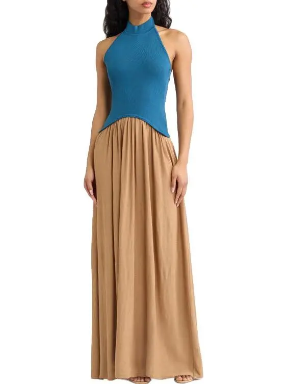 Solid & Striped Halterneck Maxi Dress - Deep Canal/camel