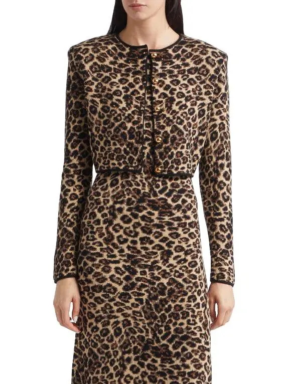 TOCCIN Indira Leopard Jacquard Cropped Wool Cardigan - Multi