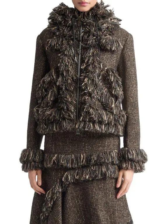 Sacai Fringe Wool Blend Tweed Hooded Jacket - Brown