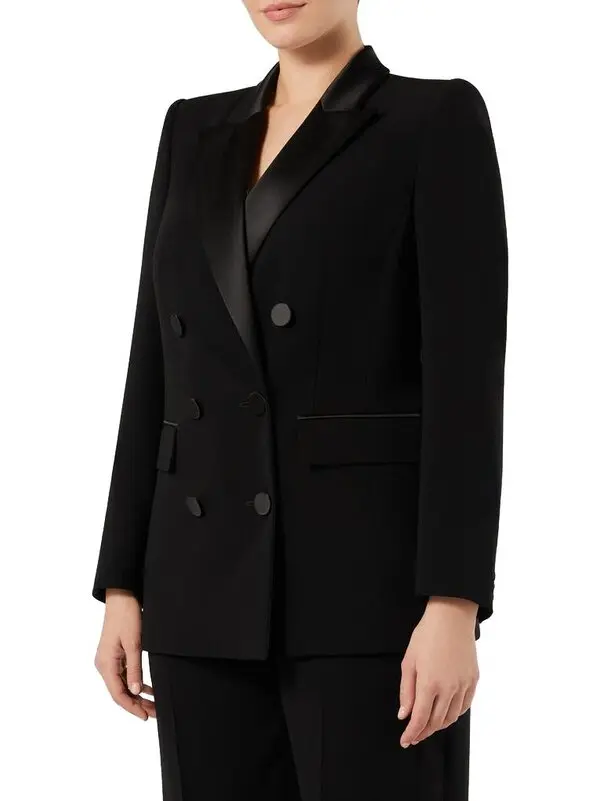 Marina Rinaldi Satin Lapel Double-breasted Tuxedo Jacket - Black