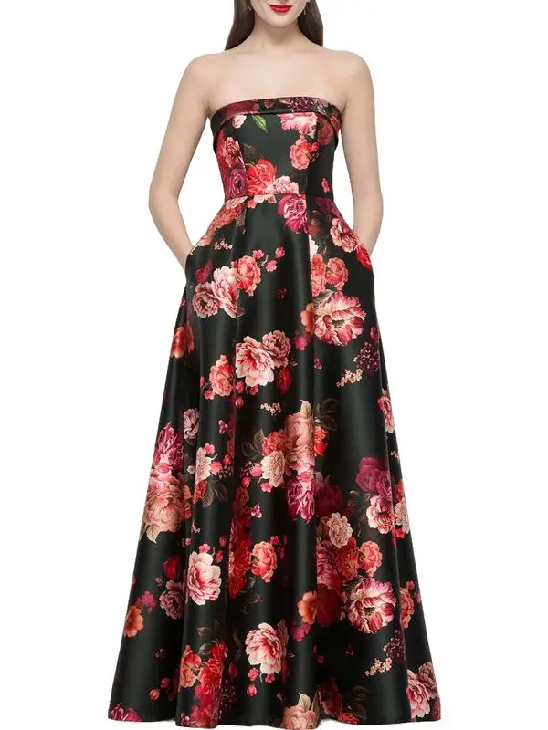 Alfred Sung Sara Floral Strapless Gown - Wine Black Multi