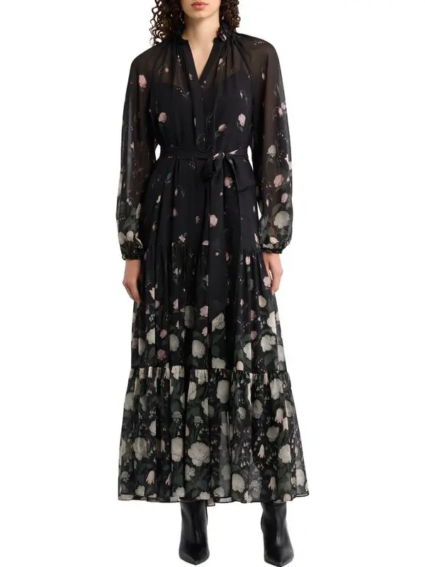 Kobi Halperin Robin Floral Tiered Chiffon Maxi Dress - Black Multi