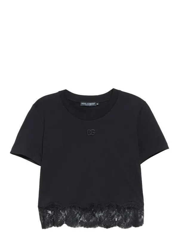 Dolce & Gabbana Logo Embroidered Lace Trim T-shirt - Nero