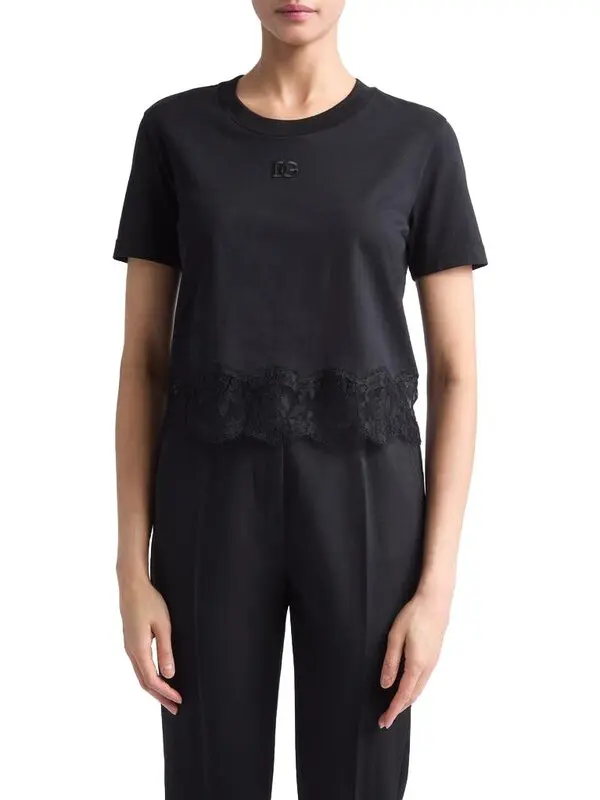 Dolce & Gabbana Embroidered Logo Lace Trim T-shirt - Nero