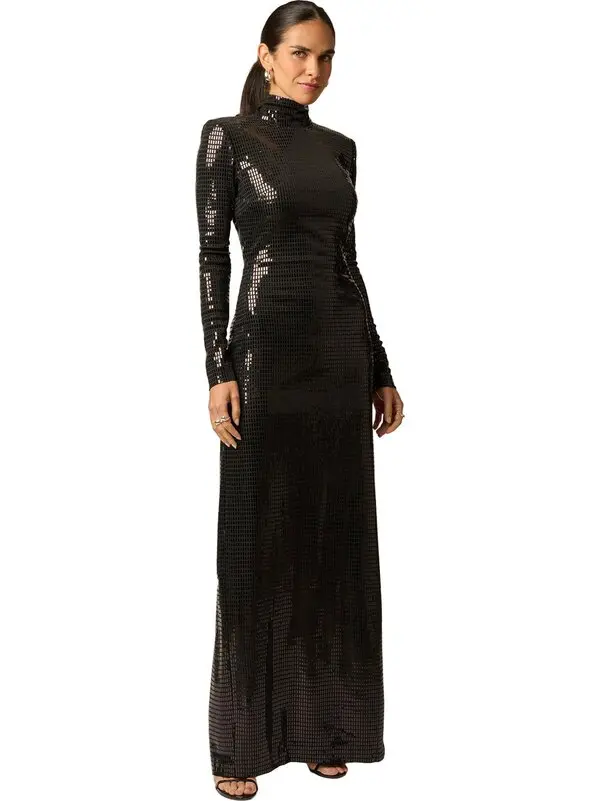 Adrianna Papell Long Sleeve Shimmer Knit Gown - Black