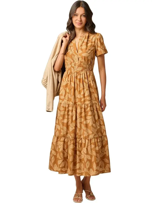 Adrianna Papell Short Sleeve Sophia Tiered Midi Dress - Cognac Multi