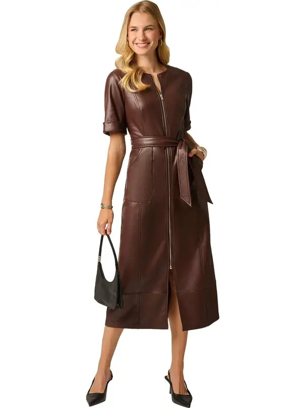 Adrianna Papell Short Sleeve Faux Leather Midi Dress - Coffee