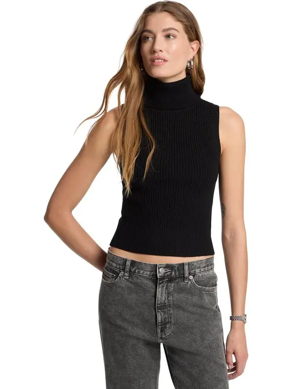 Michael Kors Sleeveless Ribbed Turtleneck Top - Black