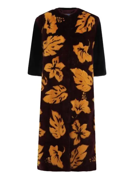 Prada Floral Print Fur Round Collar Coat - Black
