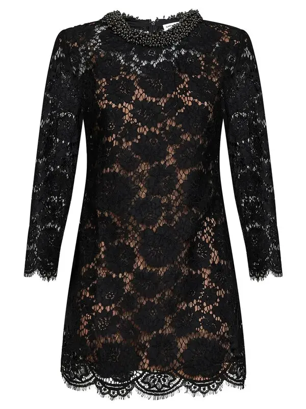 SELF-PORTRAIT Black Lace Long-sleeved Mini Dress With Embellished Neckline - Multicolor