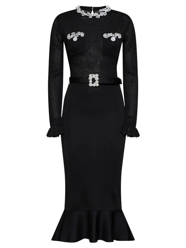 SELF-PORTRAIT Black Knit Midi Dress With Beaded Embroidery - Multicolor
