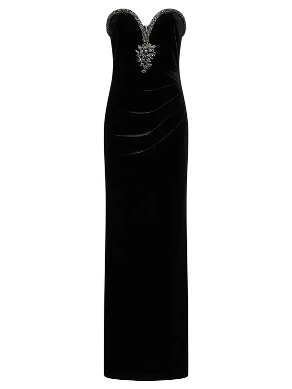 SELF-PORTRAIT Black Crystal-embellished Velvet Long Bustier Dress - Multicolor