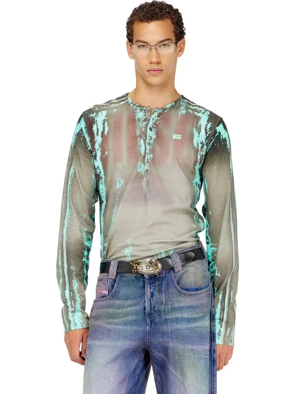 DIESEL® Grandad T-shirt In Cracked Leather-effect Jersey - Green