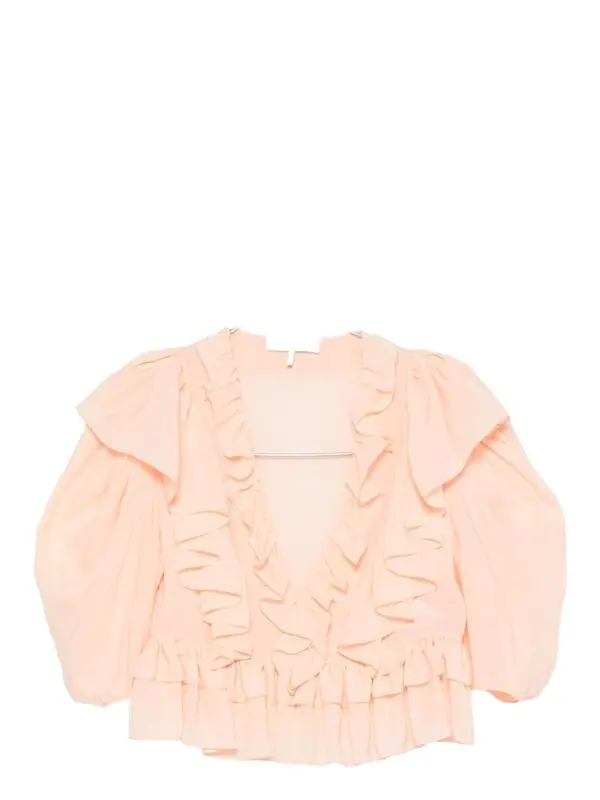 Chloé Peach Pink V-neck Ruffled Puff Sleeve Silk Top - Multicolor