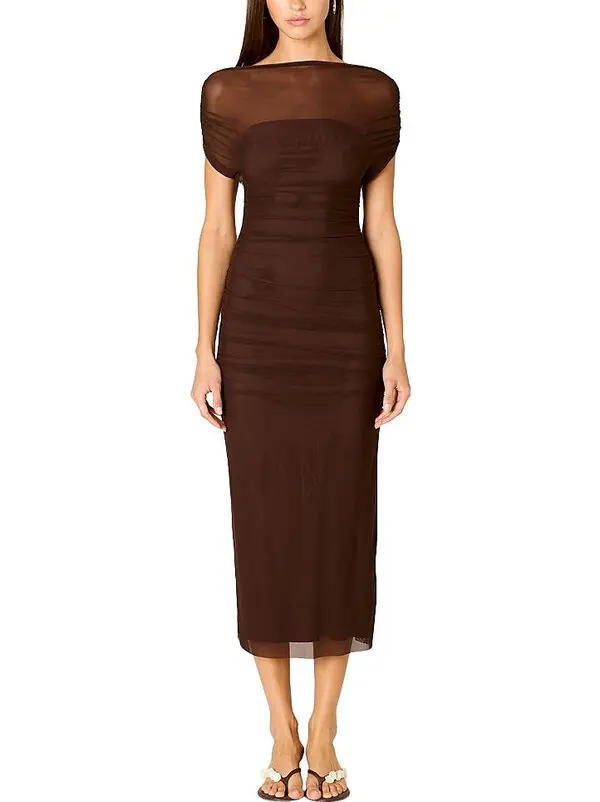 NIA Aria Boat Neck Mesh Bodycon Midi Dress - Chocolate