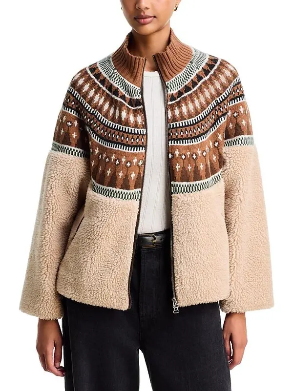 Moon River Mixed Media Fair Isle Zip-up Jacket - Beige Multi