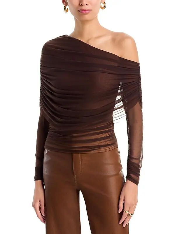 Line & Dot Off-the-shoulder Ruched Mesh Top - Brown