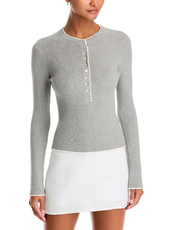 525 America Emmeline Rib Knit Layered Henley Sweater - Heather Grey