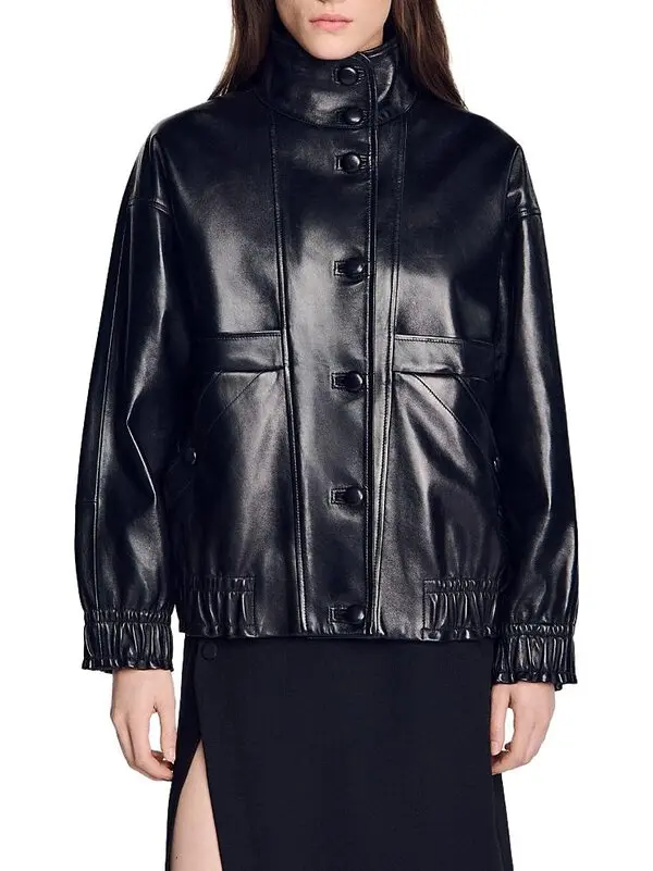 Sandro Kim Oversized Leather Jacket - Black
