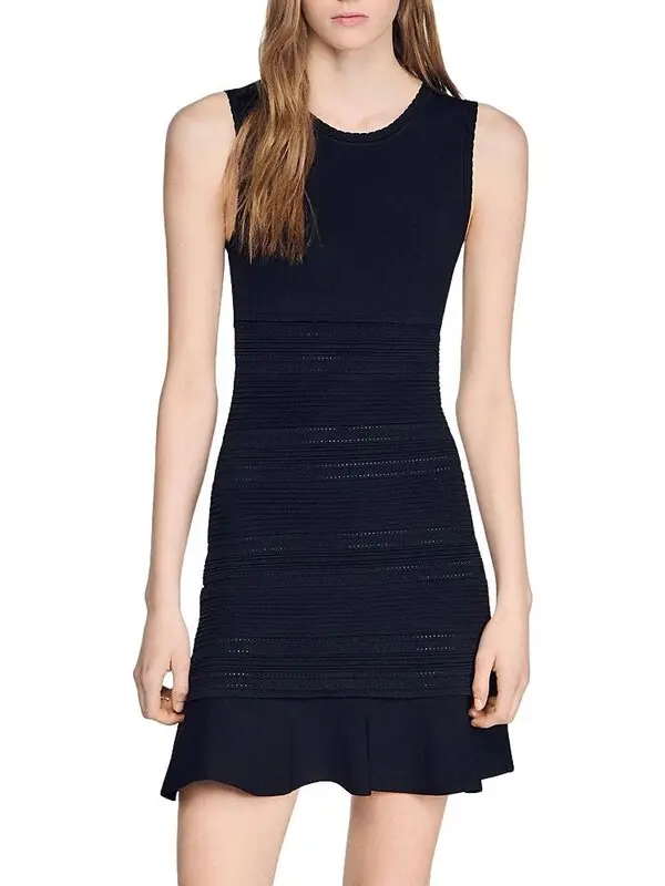 Sandro Knit Mini Dress With Ruffled Hem - Black