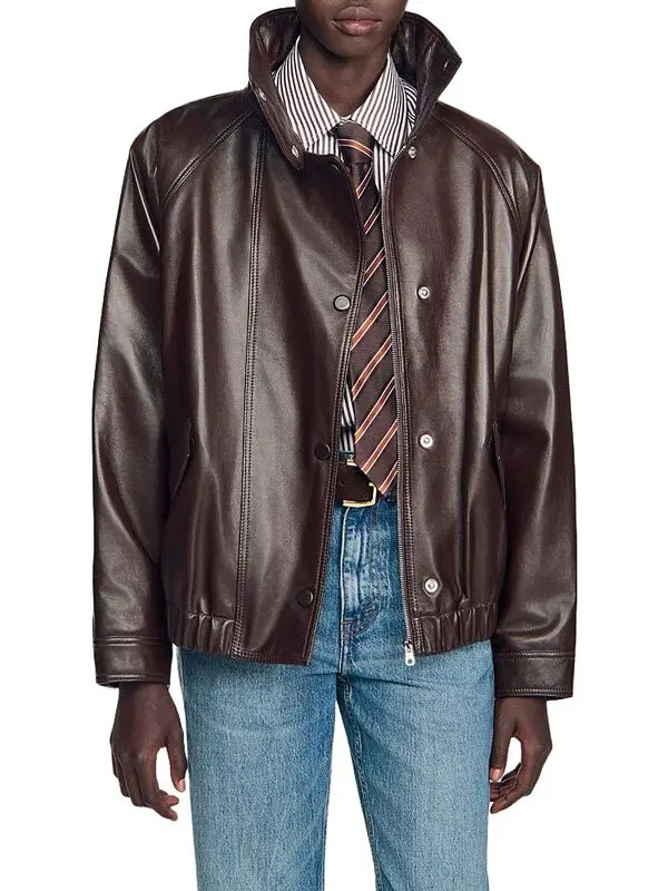 Sandro Stand Collar Leather Jacket - Brown