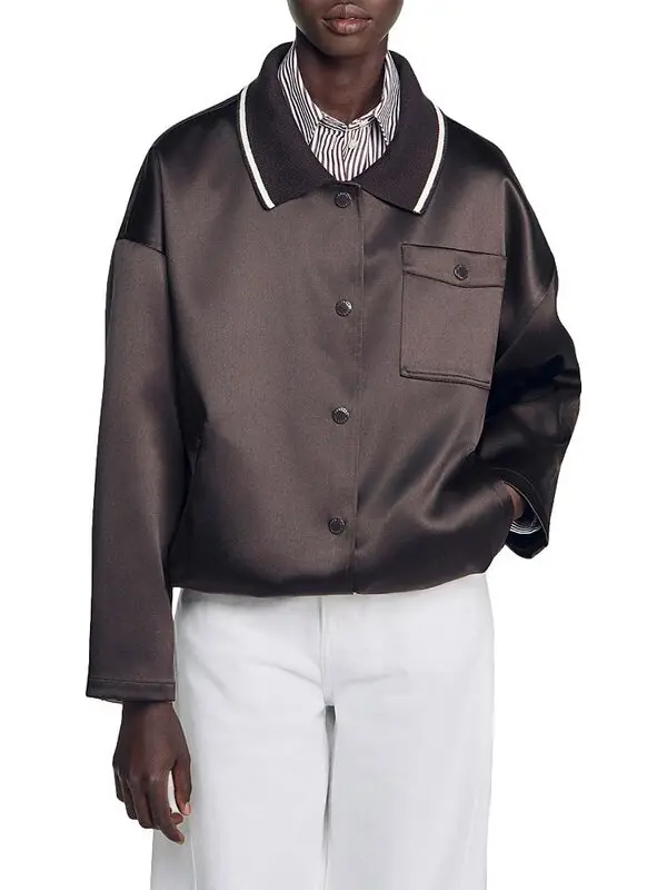 Sandro Quinn Satin Polo Collar Jacket - Brown